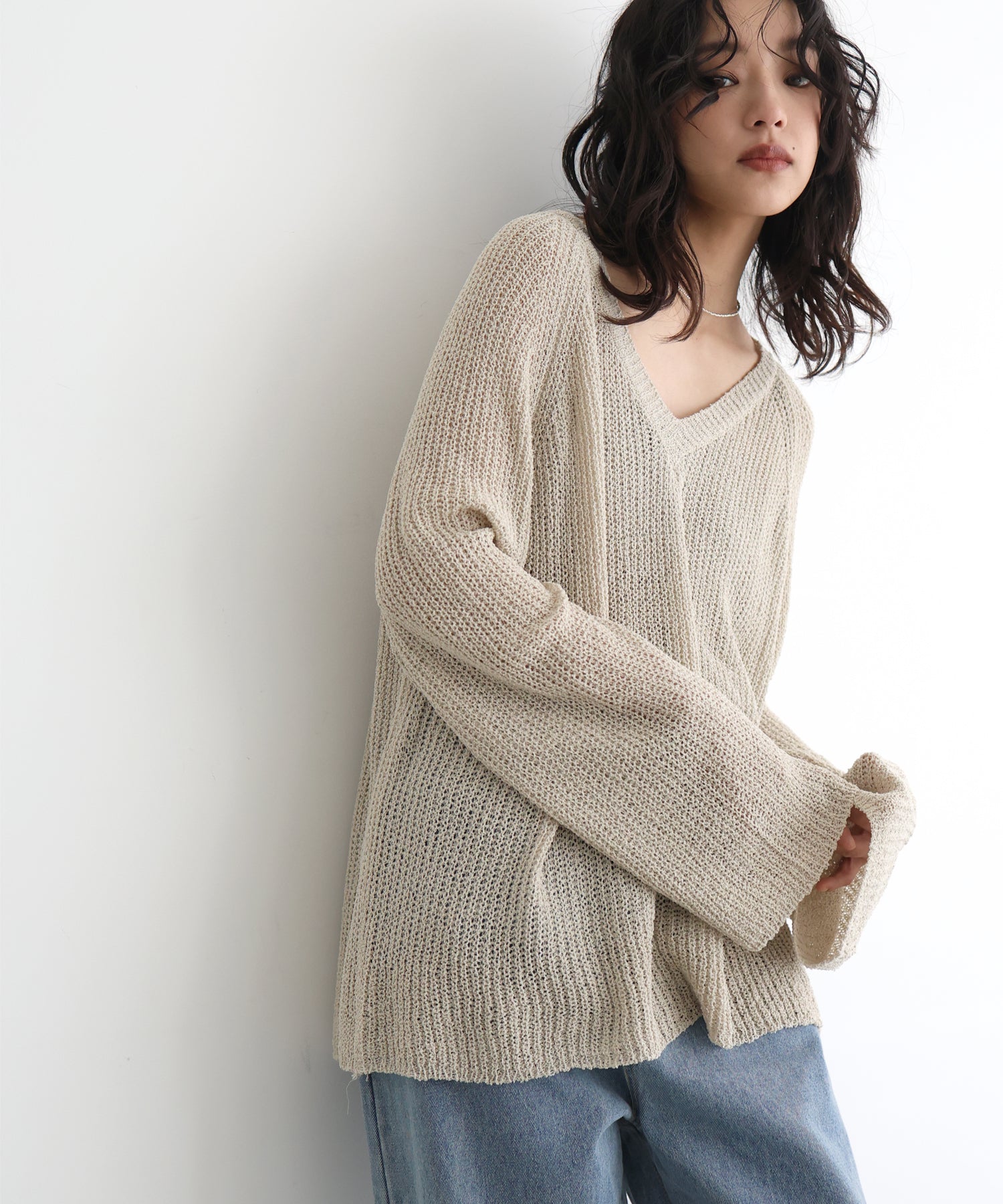 Vネック透かし編みルーズニット – hellam